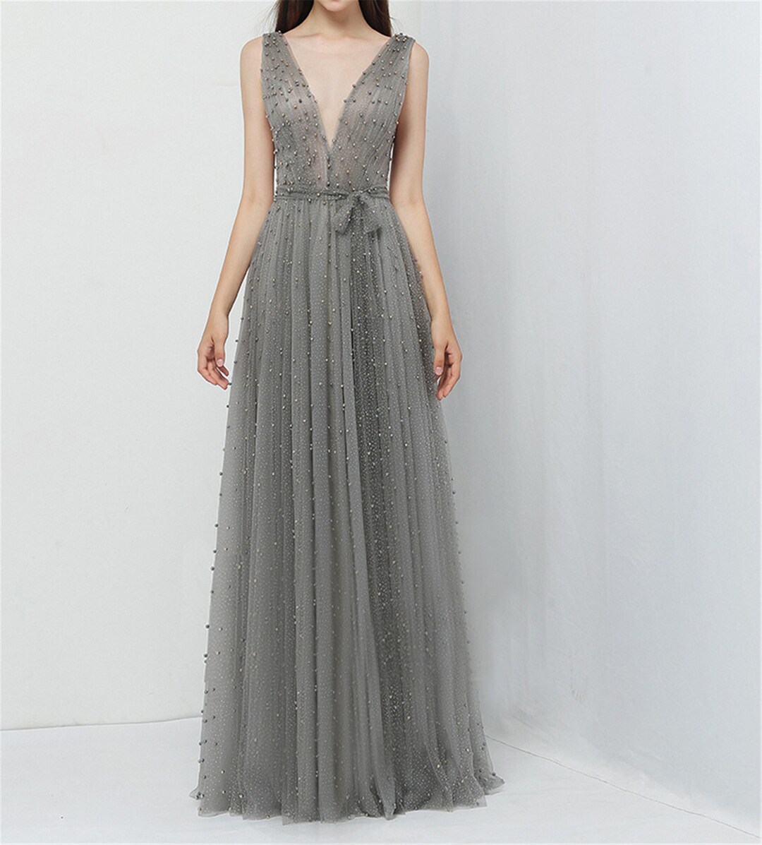 Sexy Deep V Prom Dress Smoky Gray Long Evening Dress Glitter - Etsy