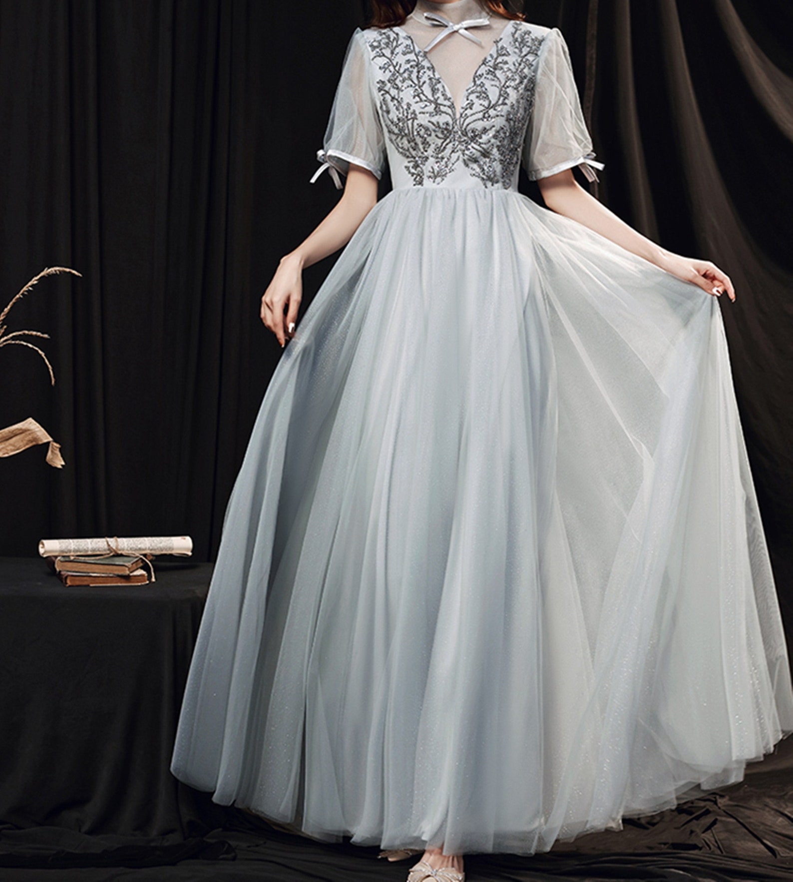Fresh Blue Gray Prom Dress Illusion Deep V Party Dress Long - Etsy