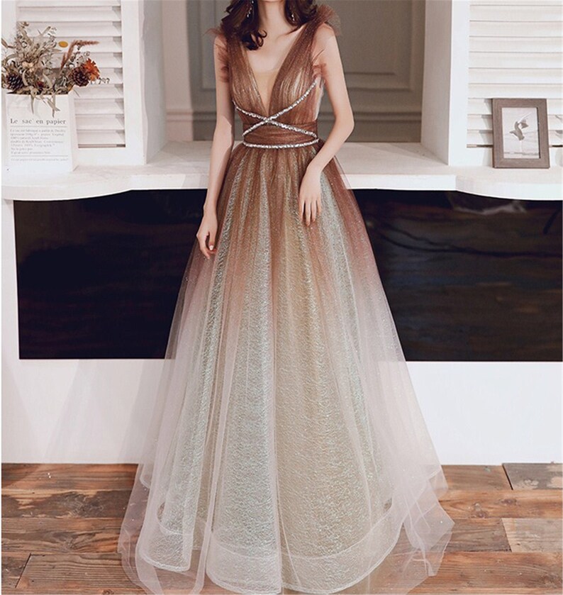 Elegant Brown Long Prom Dress Sexy Deep V Evening Dress - Etsy