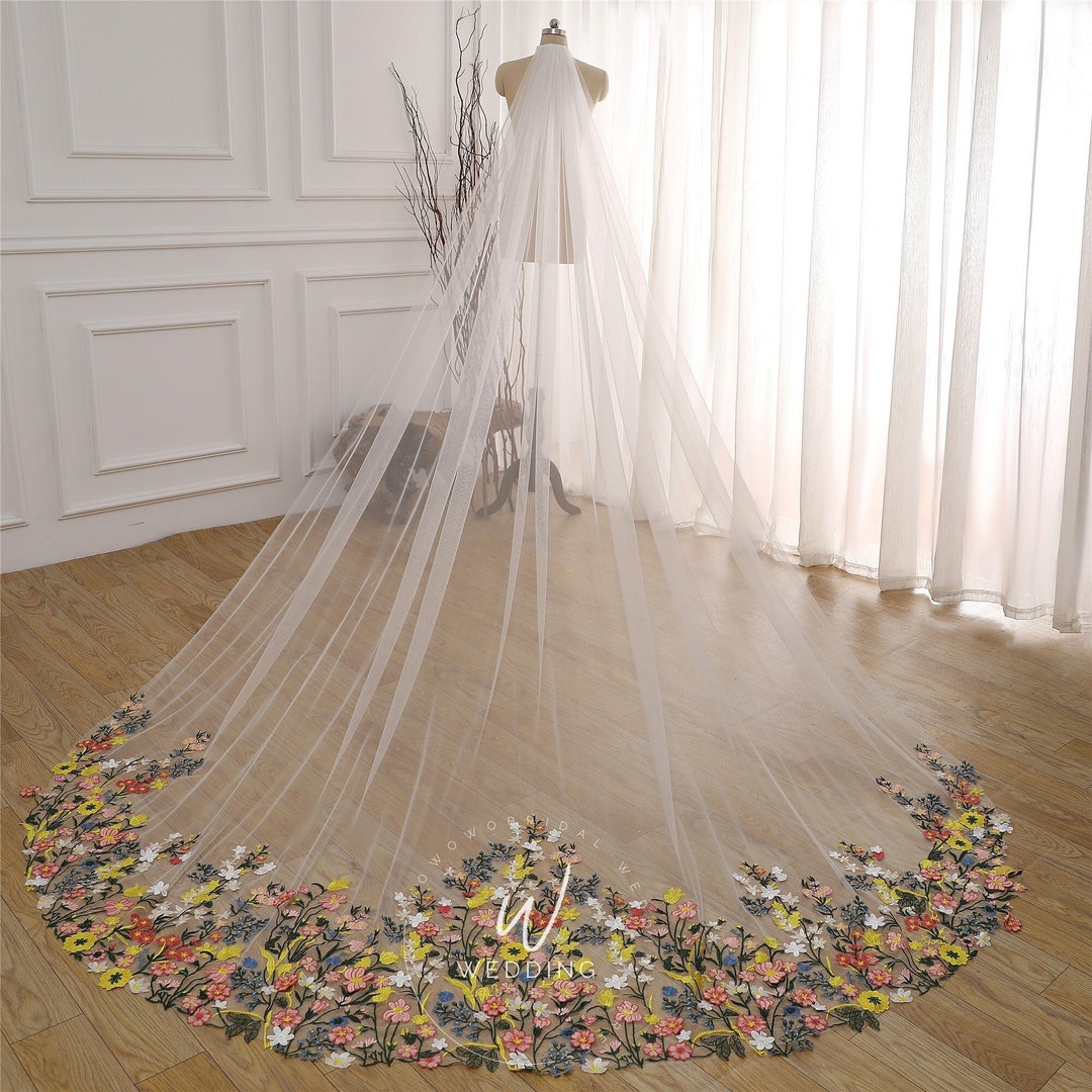 Colorful Flower Lace Wedding Veil, Long Floral Cathedral Veil, Lace ...