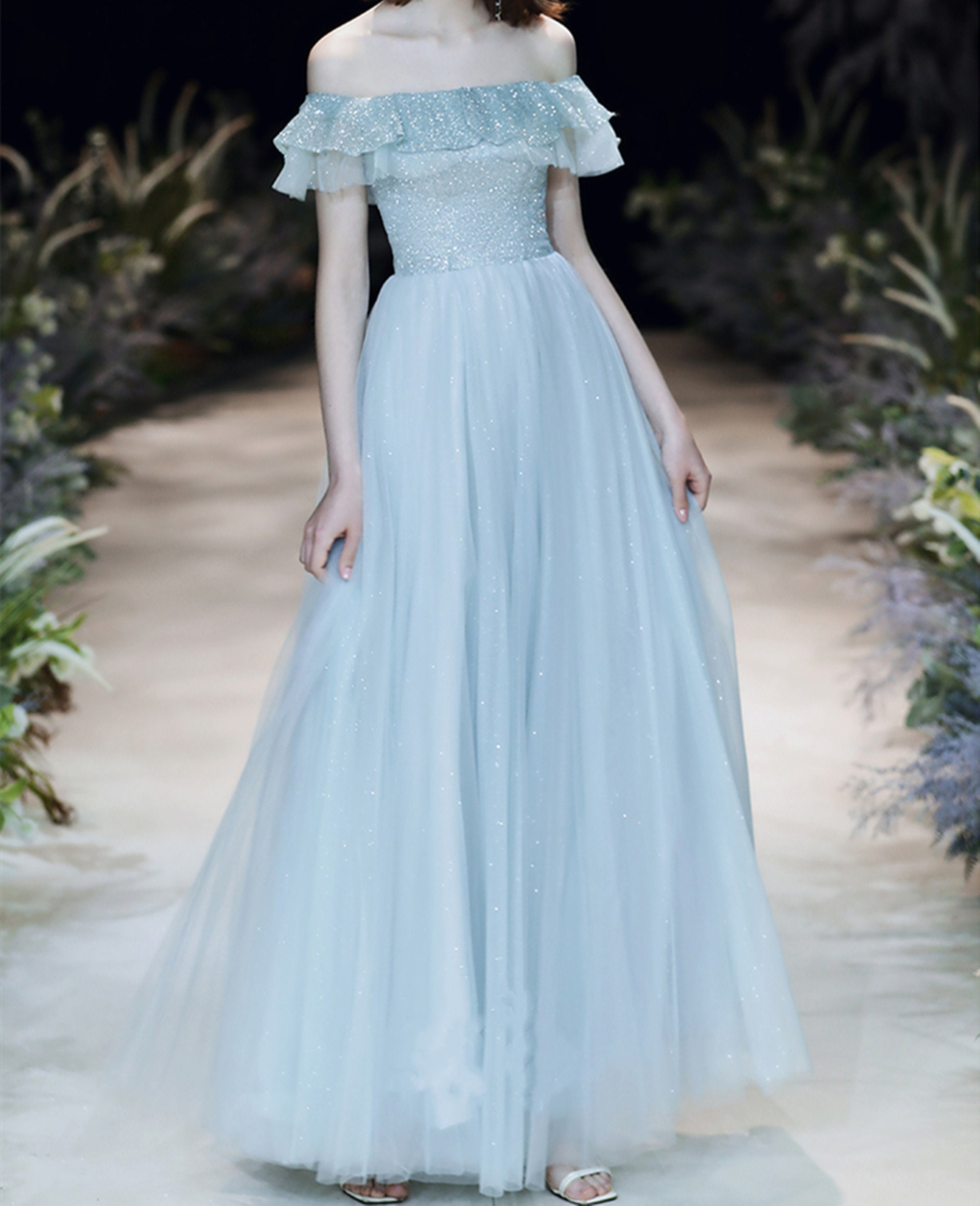 Ruffle off Shoulder Prom Dress Sparkly Long Evening Dress Sky | Etsy