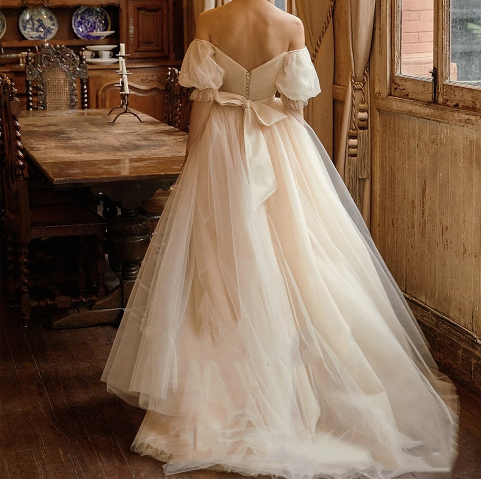 Detachable Tulle Train Wedding Dress Ivory Satin Bridal Dress - Etsy