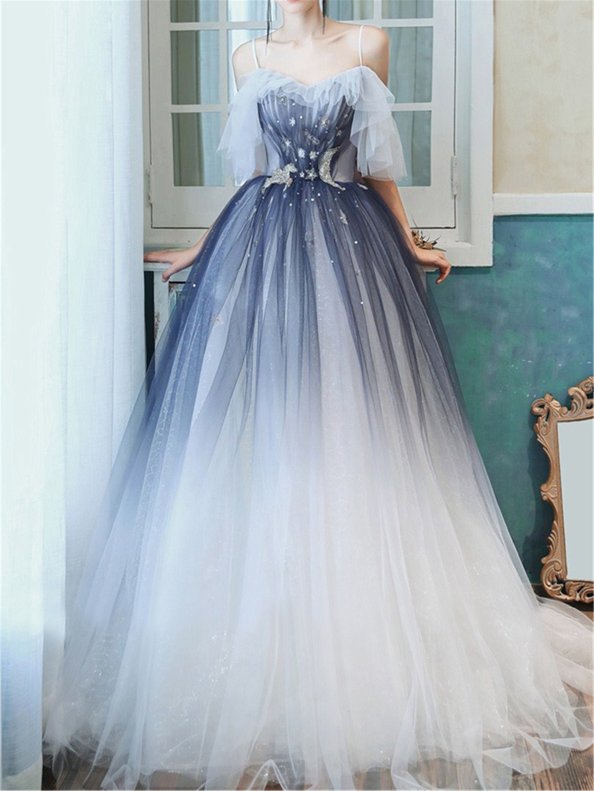 Blue Dreamy Prom Dress Long Evening Dress A Line Bridal Dress Etsy