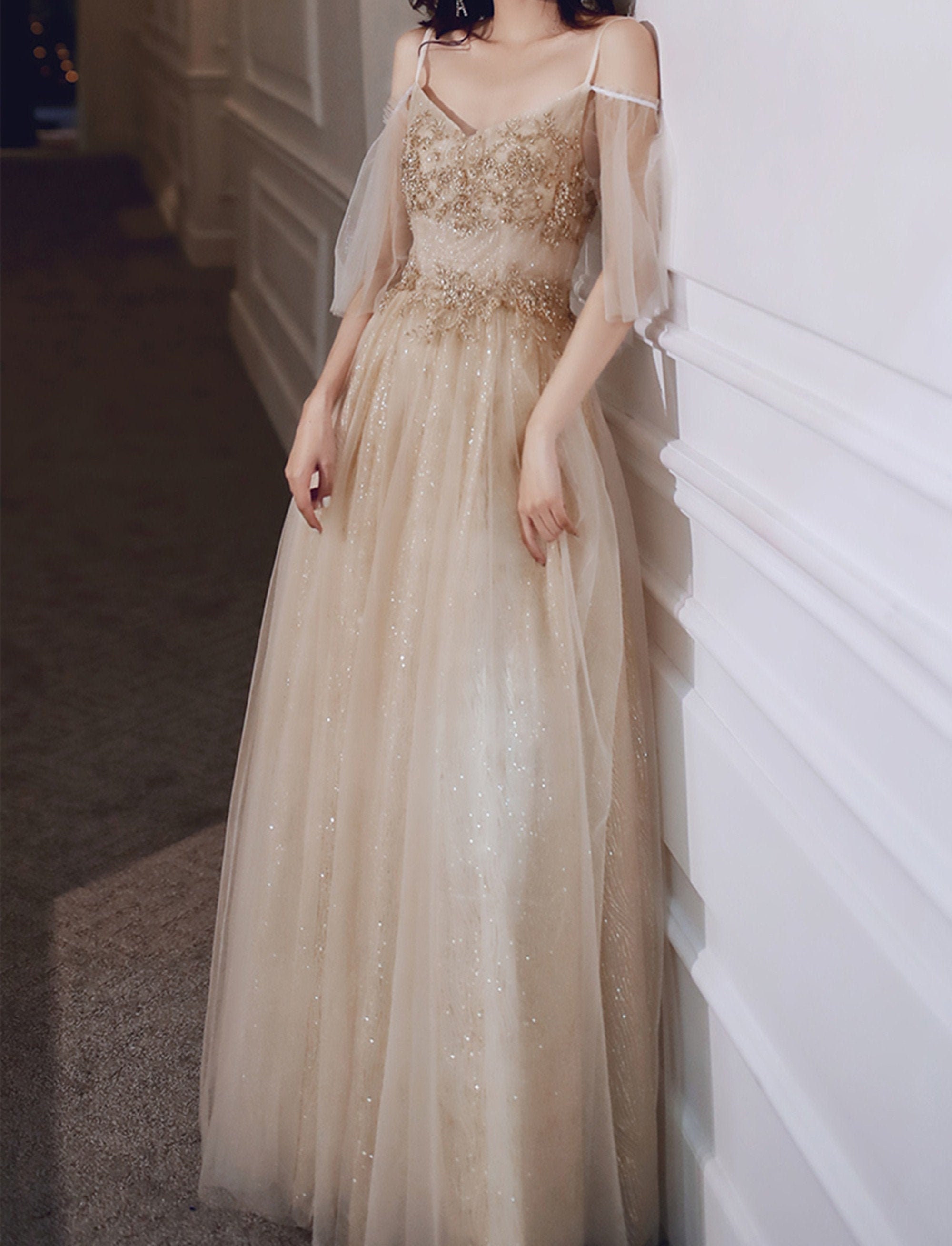 Champagne Gold Prom Dress Sparkly V Neck Party Dress Elegant Etsy