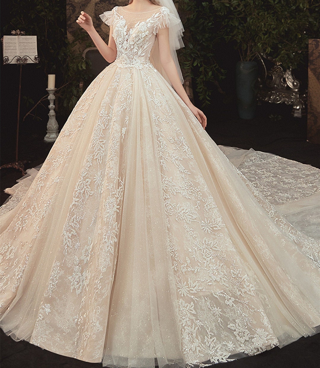 Romantic Lace Applique Bridal Wedding Dress Sparkly Wedding - Etsy