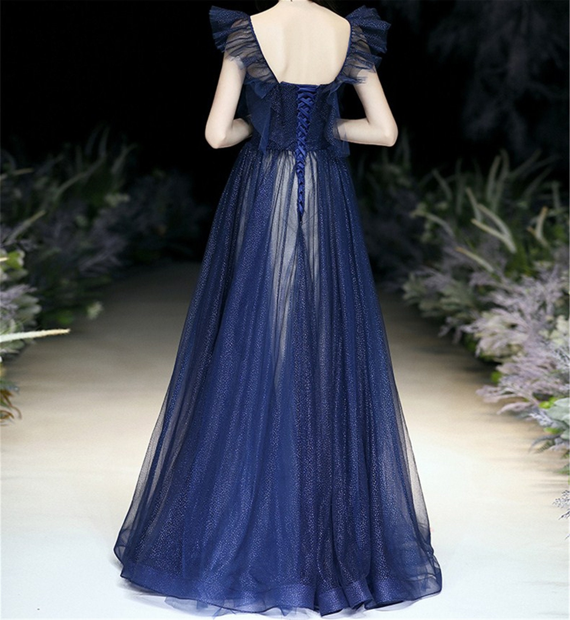 Elegant Navy Blue Prom Dress Long Starry Evening Dress Ruffle - Etsy