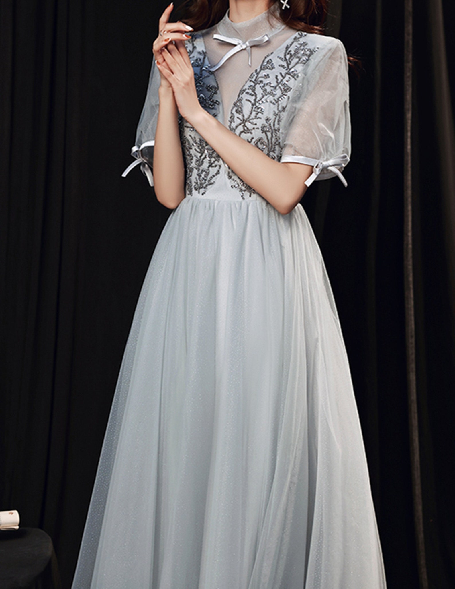 Fresh Blue Gray Prom Dress Illusion Deep V Party Dress Long - Etsy