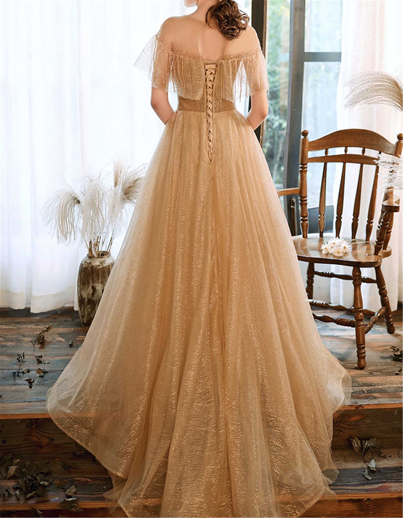 Glitter Prom Dress Long Evening Dress Golden Banquet Dress | Etsy