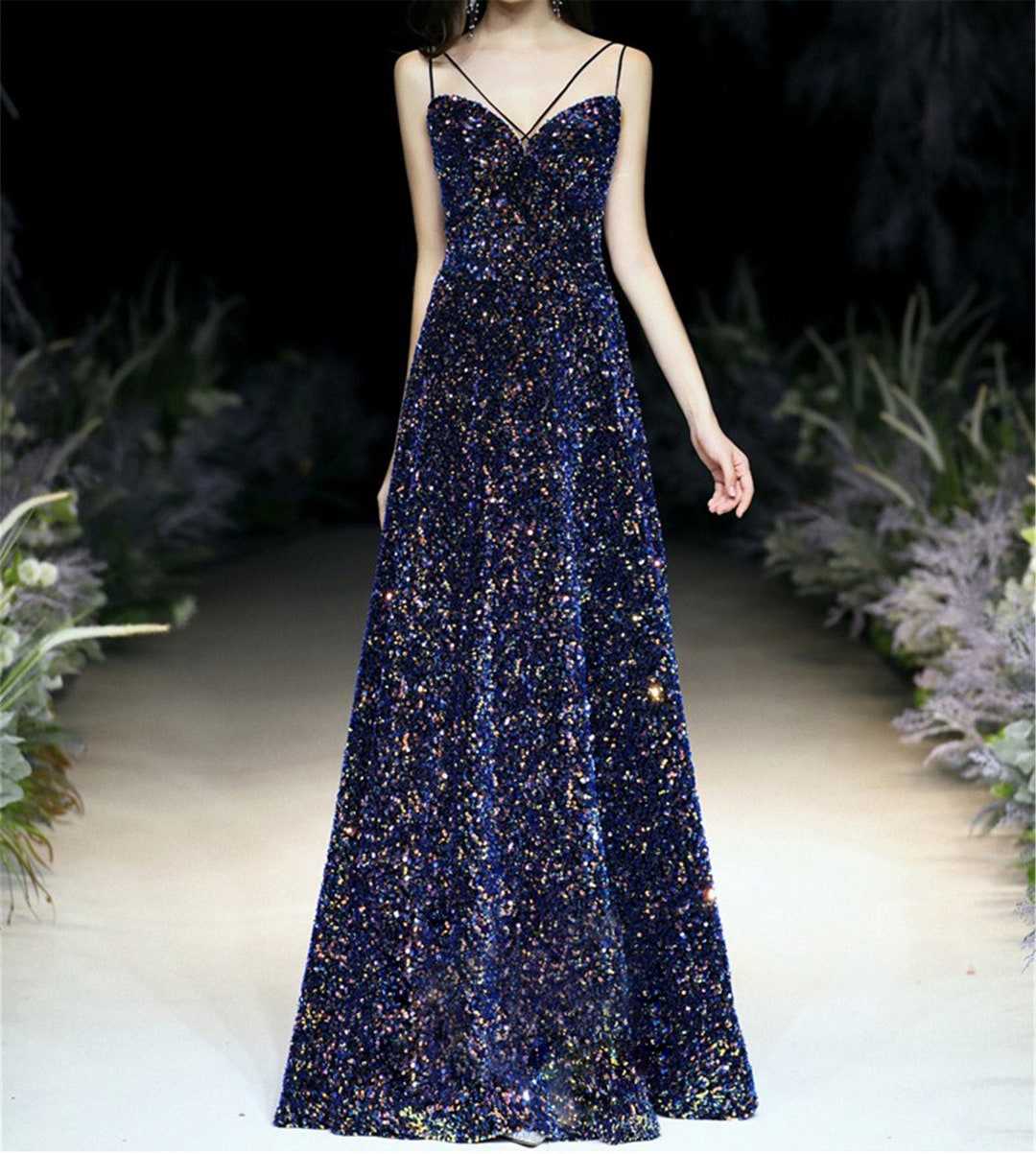 Super Glitter Blue Prom Dress Dreamy Starry Evening Dress Sexy Strap ...