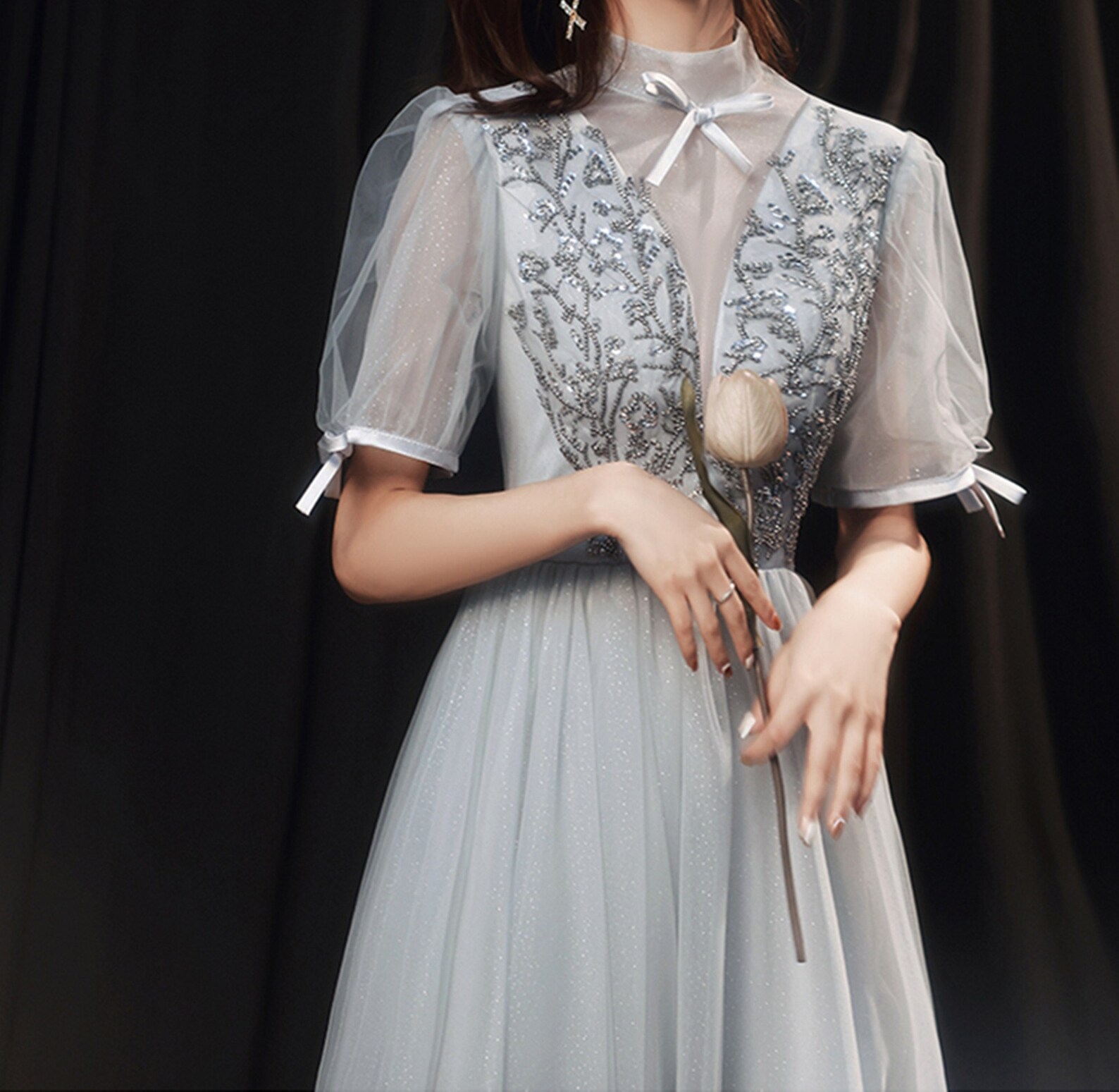 Fresh Blue Gray Prom Dress Illusion Deep V Party Dress Long - Etsy