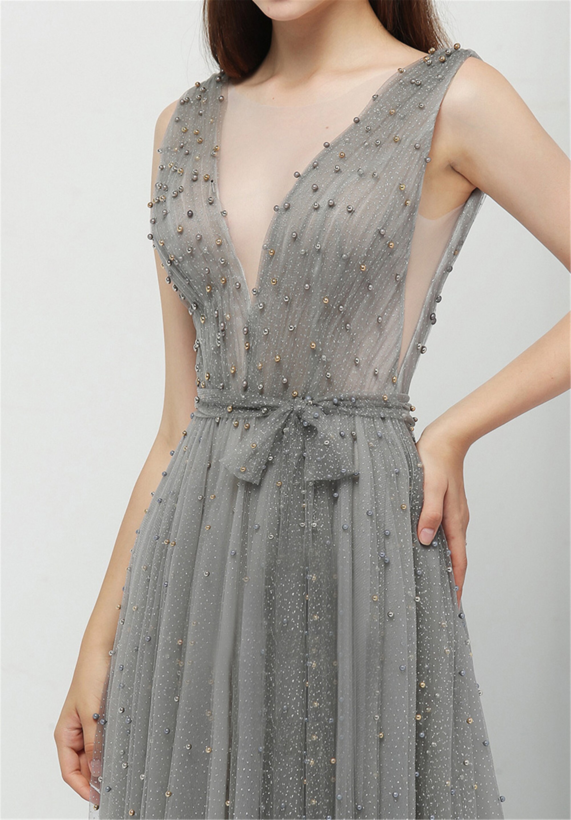 Sexy Deep V Prom Dress Smoky Gray Long Evening Dress Glitter - Etsy