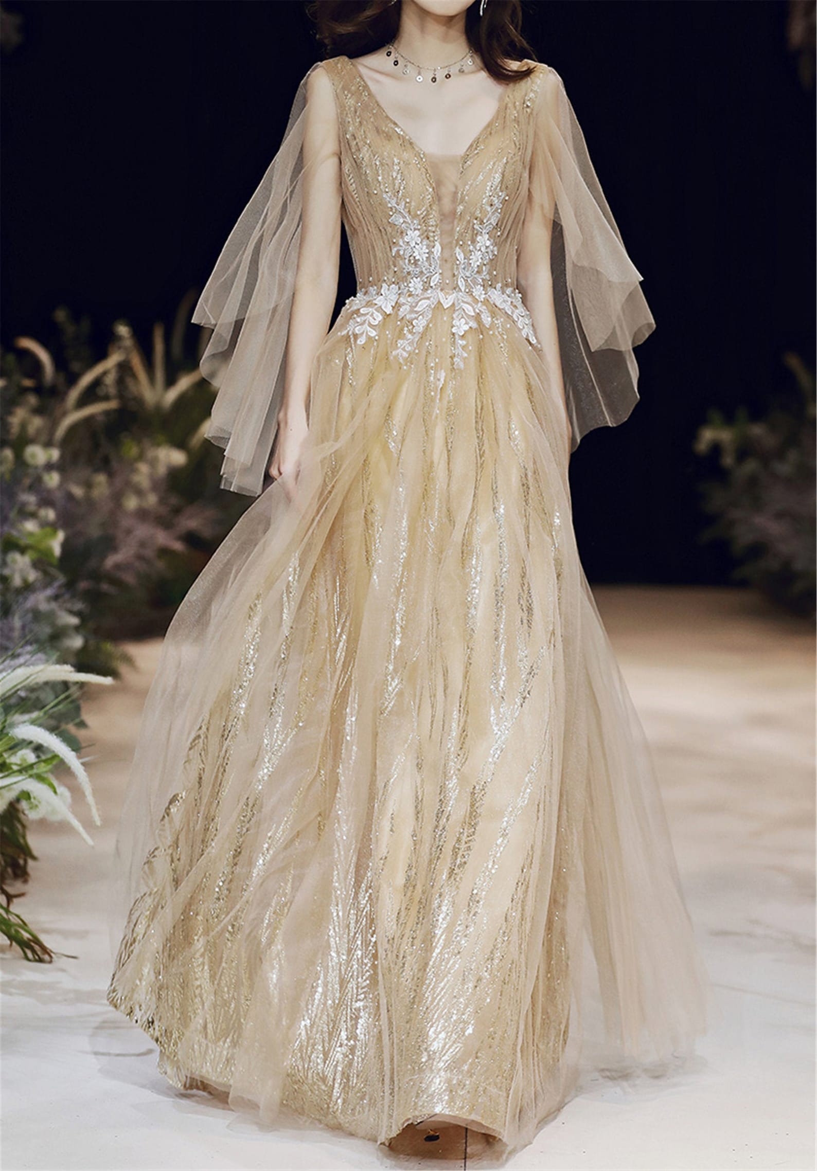 Champagne Prom Dress Glitter Evening Dress Flower Graduation | Etsy