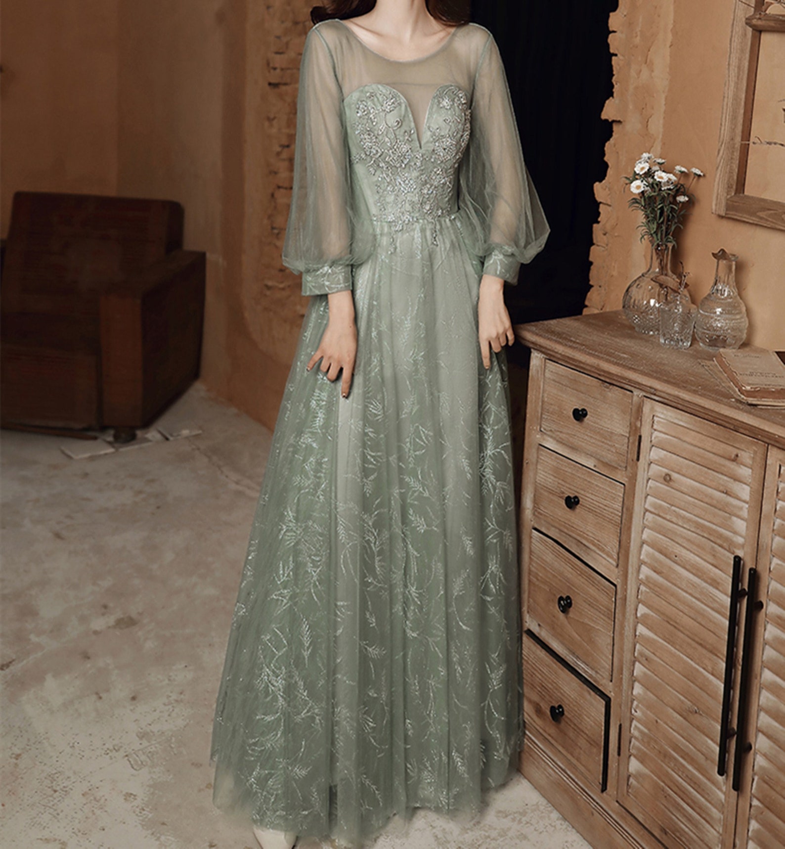 Illusion Deep V Prom Dress Green Long Applique Evening Dress - Etsy