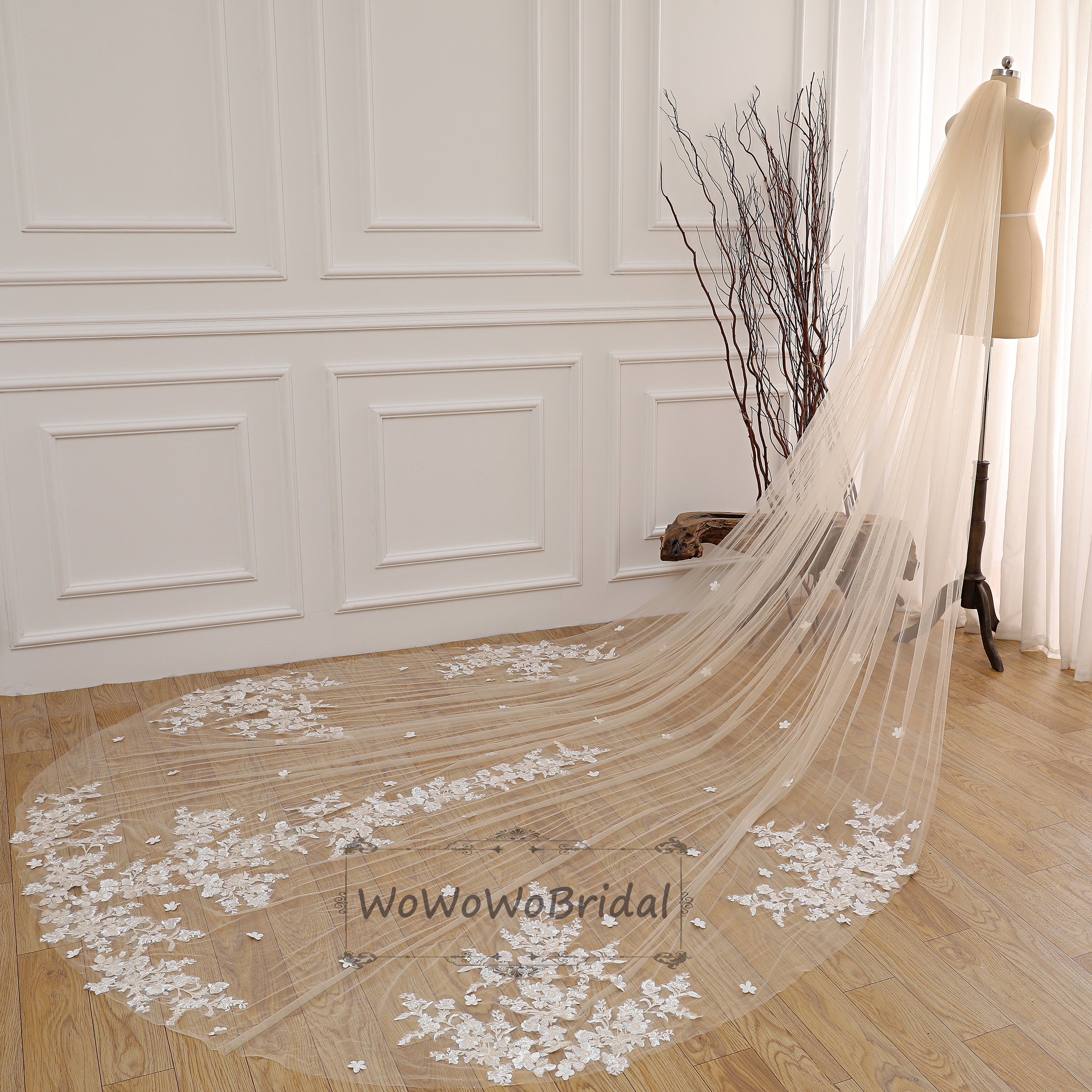 Champagne Bridal Veil One Tier Lace Veil Vintage Floral Veil - Etsy