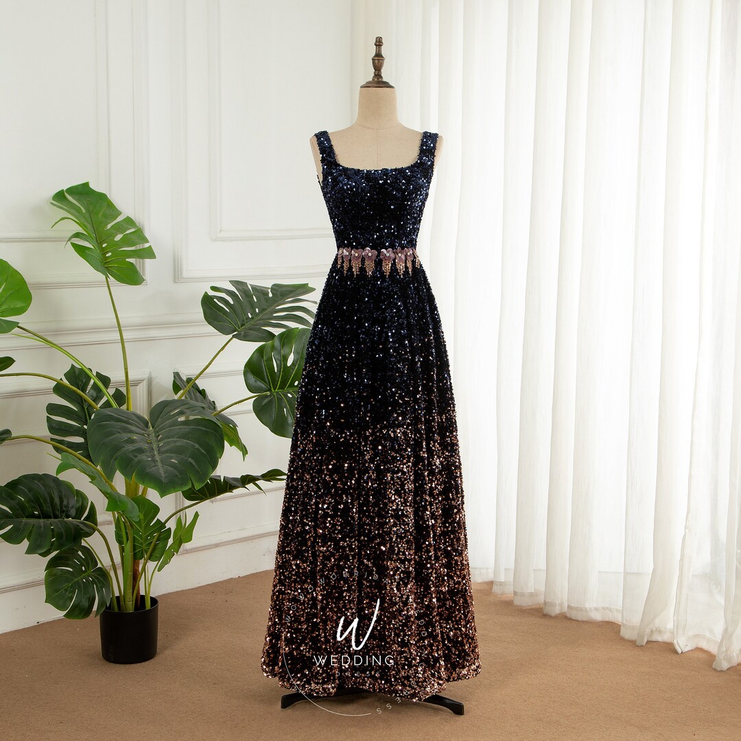 Gradient Blue Champagne Sequin Prom Dress, Elegant Square Neck Evening ...