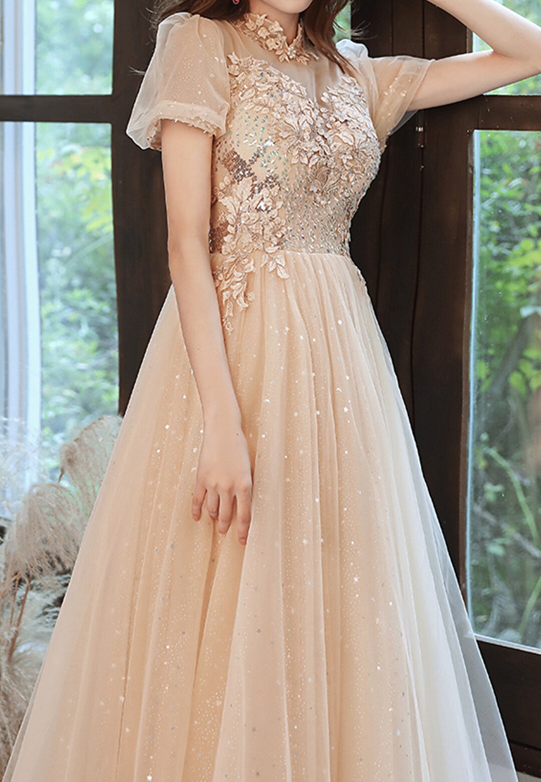 Stars Moon Prom Dress Applique Long Evening Dress Girl Champagne ...