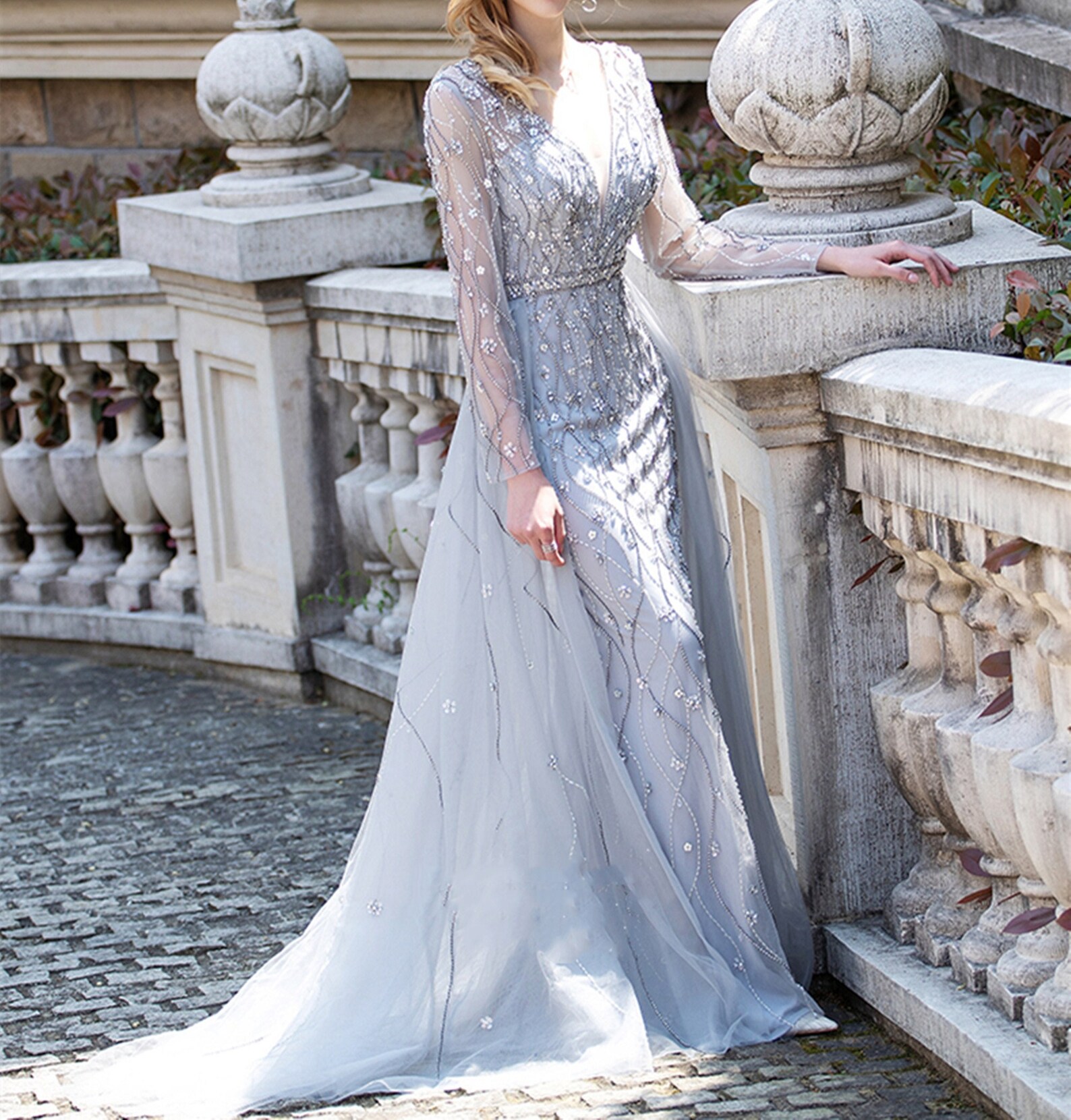 Luxury Rhinestone Prom Dress Silver Gray Long Evening Dress | Etsy