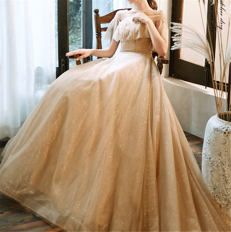 Glitter Prom Dress Long Evening Dress Golden Banquet Dress | Etsy