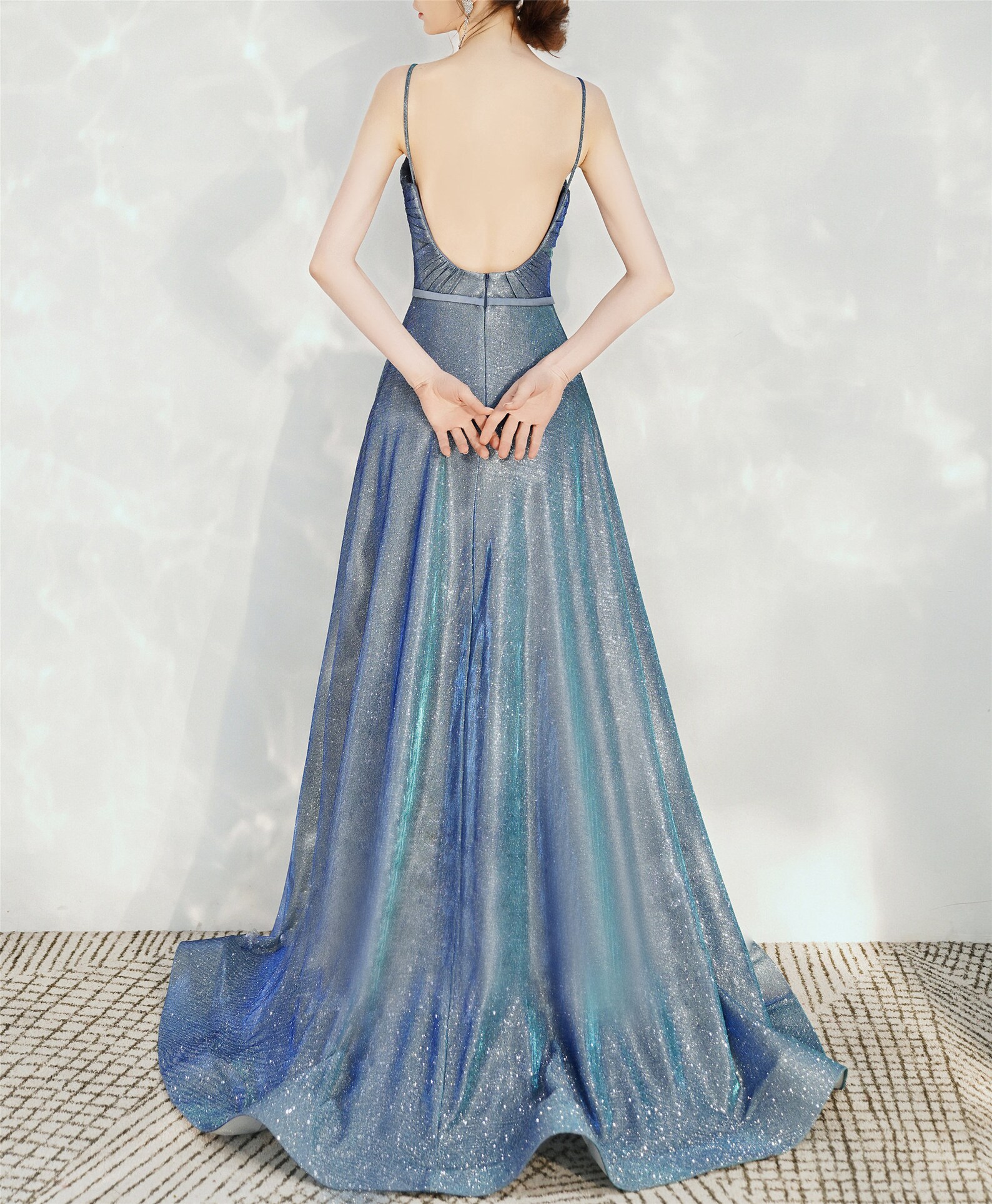 Blue Starry Prom Dress Super Glitter Evening Dress Sexy V | Etsy