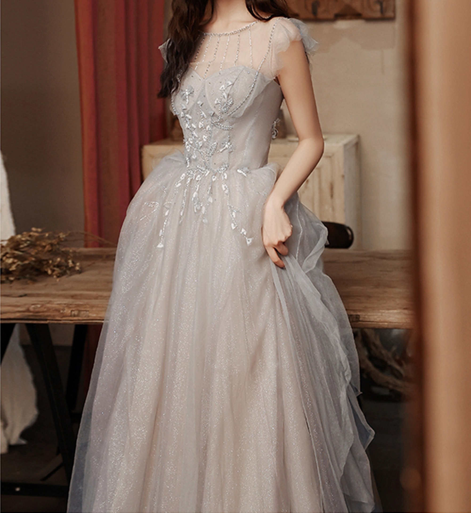 Girl Silver Gray Prom Dress Sparkly Starry Evening Dress - Etsy