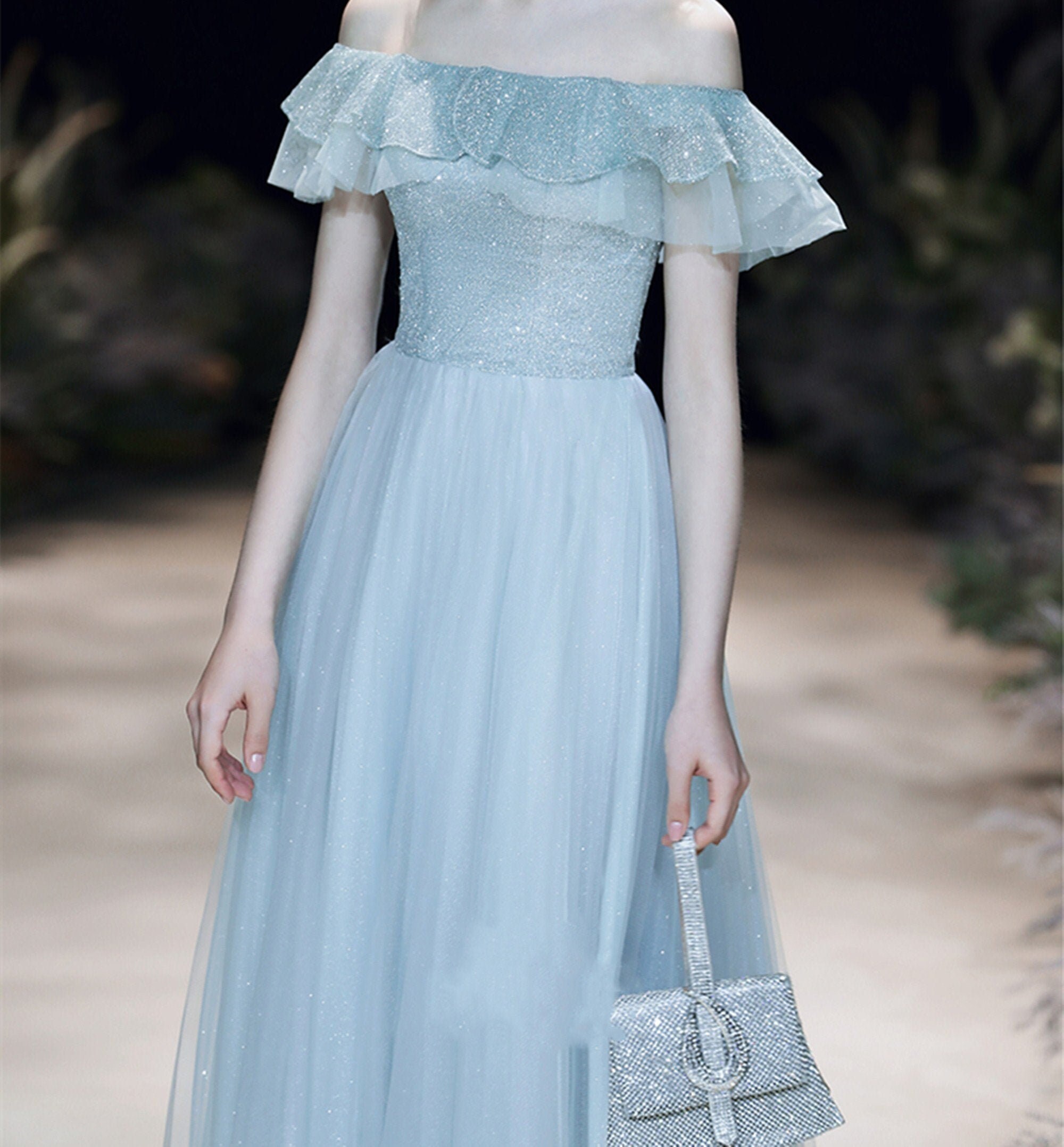 Ruffle off Shoulder Prom Dress Sparkly Long Evening Dress Sky | Etsy