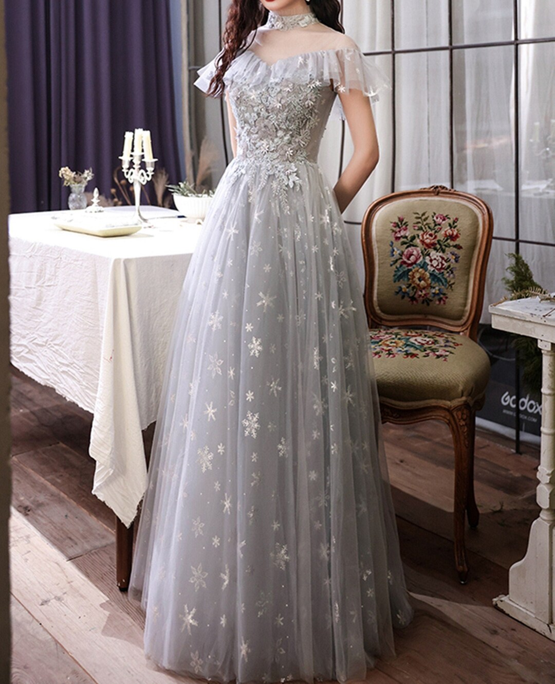 Blue Gray Prom Dress Lace Applique Party Dress Sweet Ruffle - Etsy
