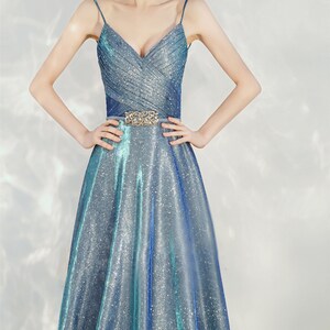 Blue Starry Prom Dress Super Glitter Evening Dress Sexy V Banquet Dress ...