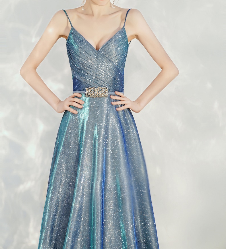Blue Starry Prom Dress Super Glitter Evening Dress Sexy V - Etsy