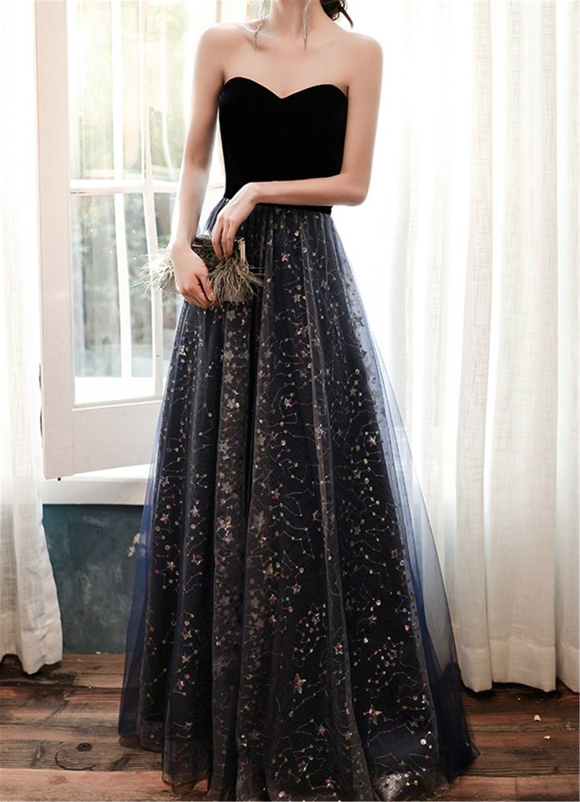 Navy Blue Starry Prom Dress Stars Long Evening Dress Strapless | Etsy