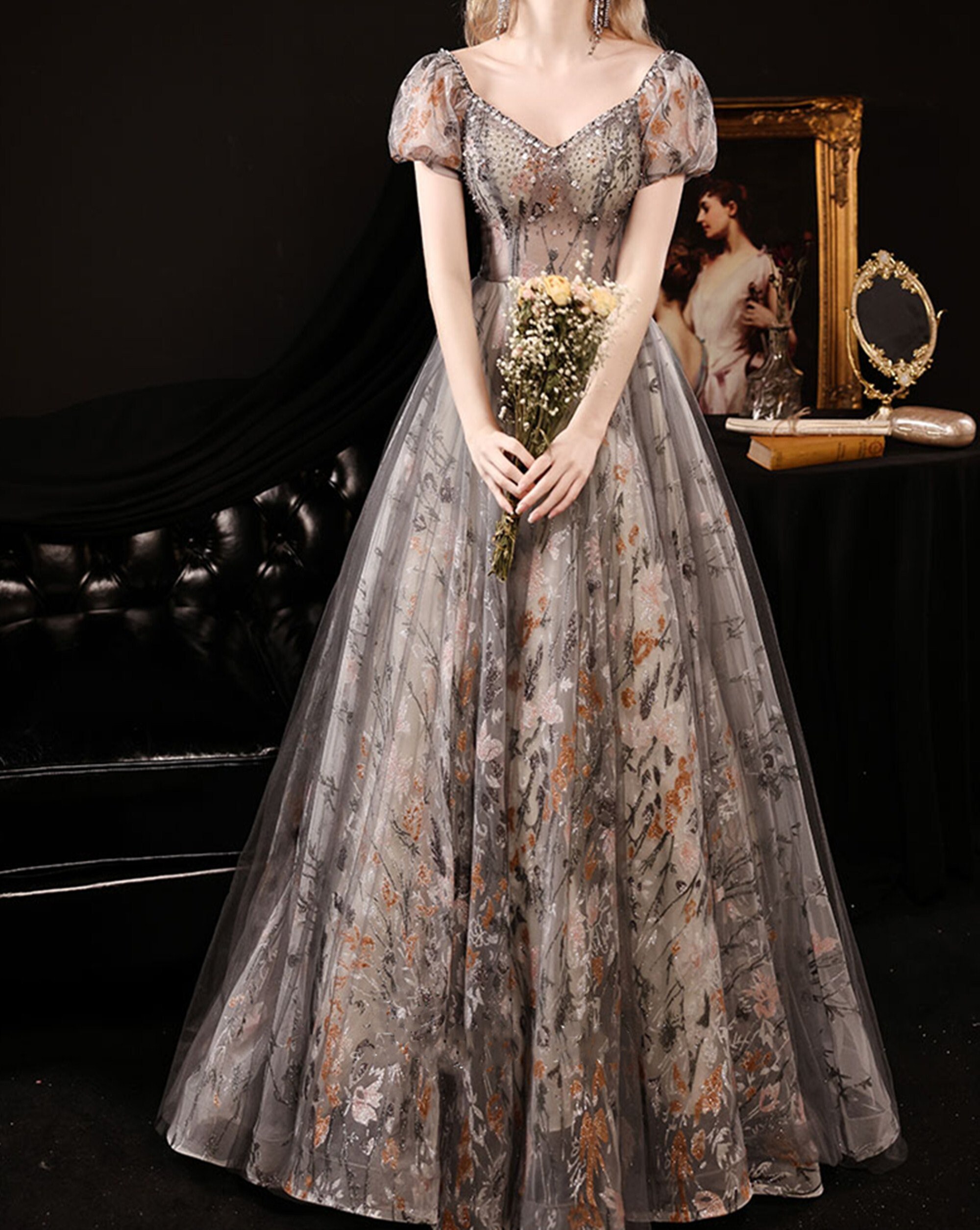 Romantic Floral Prom Dress Elegant Gray Prom Ball Gown V Neck | Etsy ...