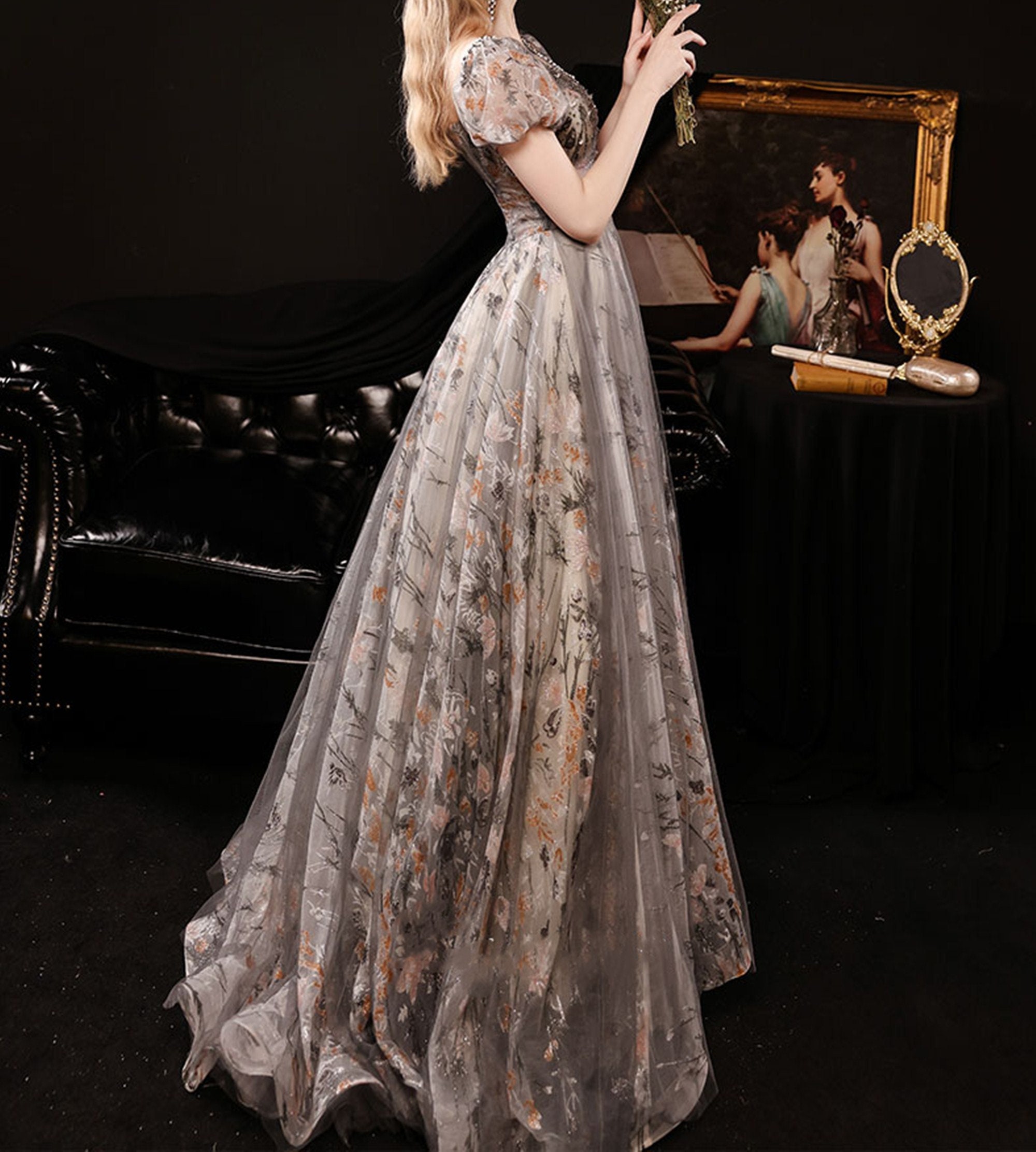 Romantic Floral Prom Dress Elegant Gray Prom Ball Gown V Neck | Etsy ...