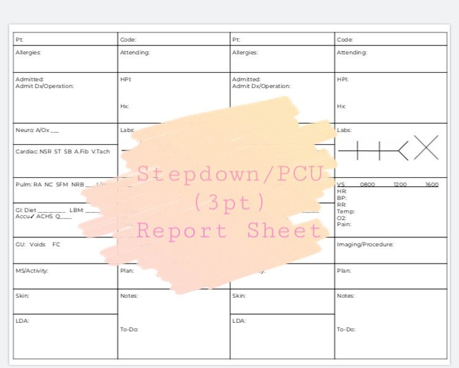 Printable Stepdown/pcu 3 Patients Report Brainsheet Day - Etsy