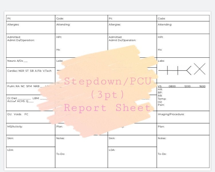 Printable Stepdown/pcu 3 Patients Report Brainsheet Day Shift With Work ...
