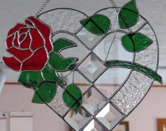 Red Rose in Heart Stained Glass Suncatcher - Etsy