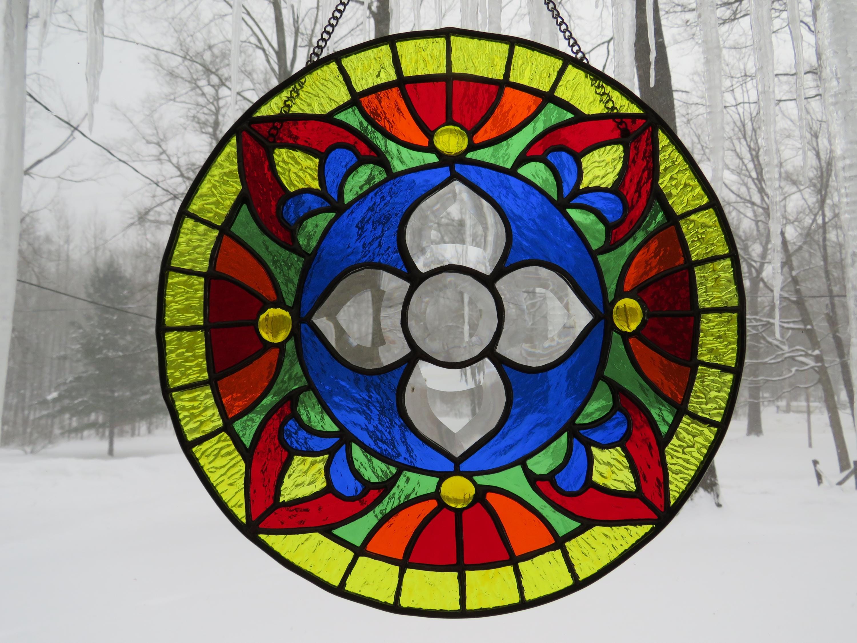 Stained Glass Round Suncatcher With Bevel Cluster - Etsy