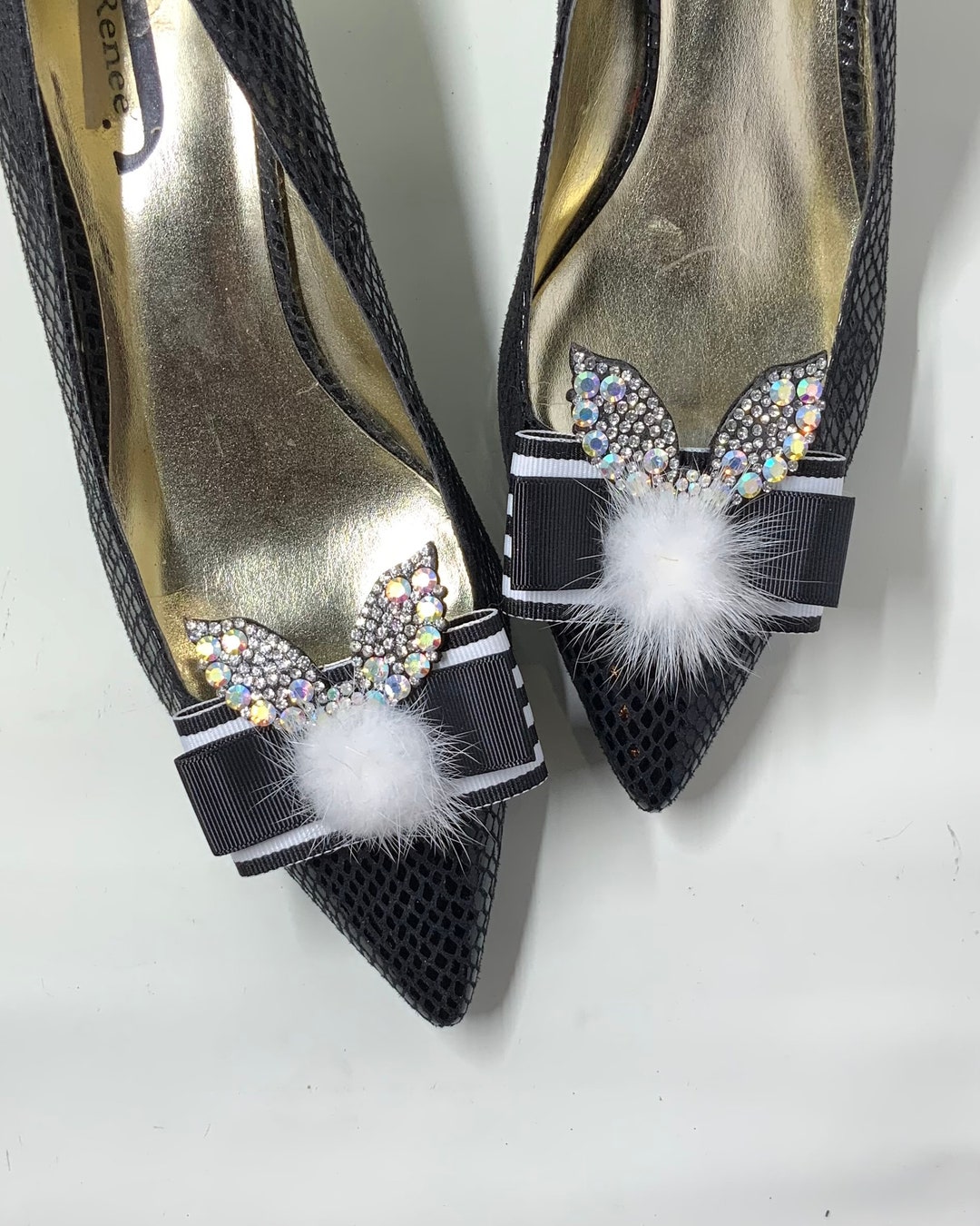 Black and White Rhinestone Easter Bunny Bow Shoe Clips , Rhinestone ...