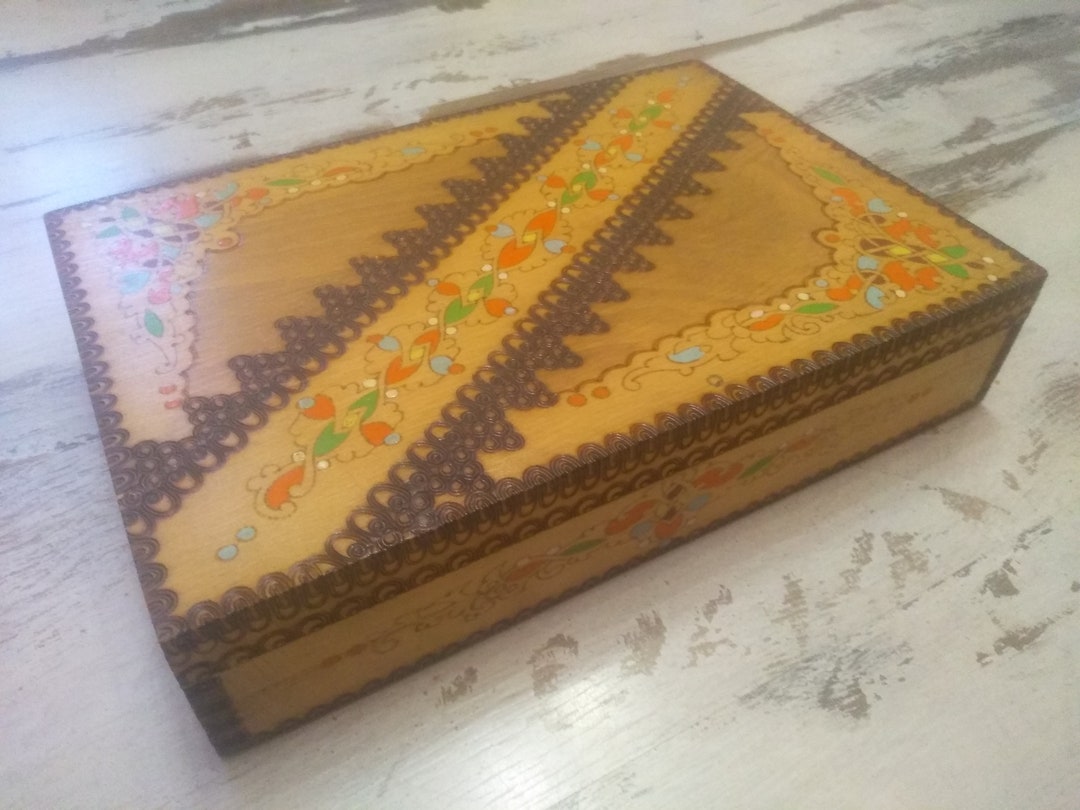 Vintage Wooden Box, Vintage Pyrography Box, Memory Box, Vintage ...