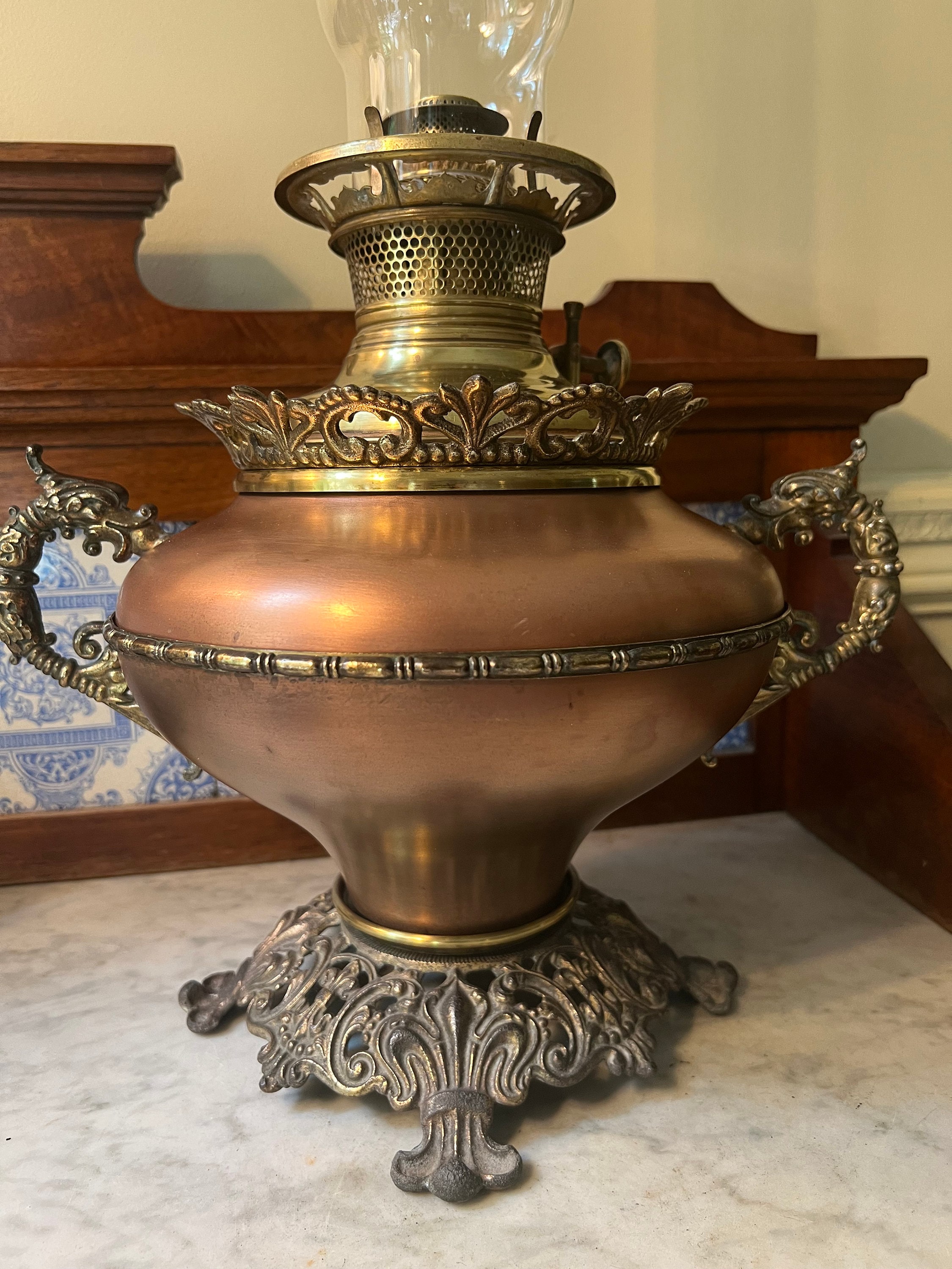 B&H Signed Brass and Copper Finish Vase Oil Lamp W/decorative Arms Item ...
