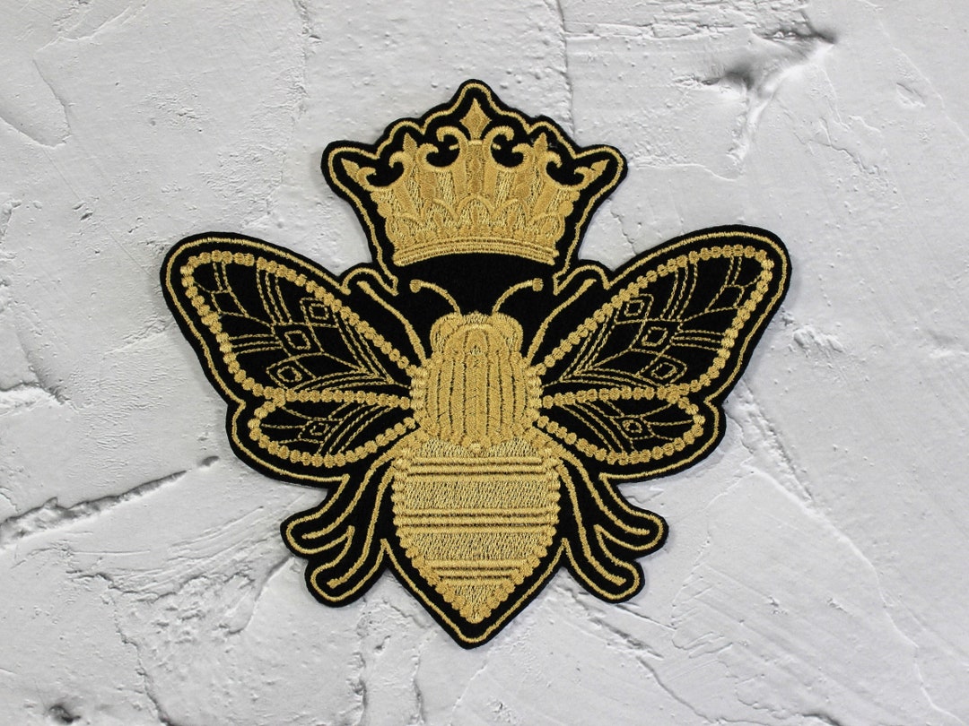 Embroidered Queen Bee Patch – Golden Iron-on or Sew-on Applique – Black ...
