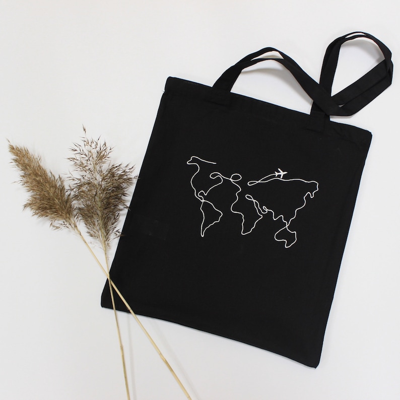 World Map Embroidered Tote Bag / Black Shopping Bag / - Etsy