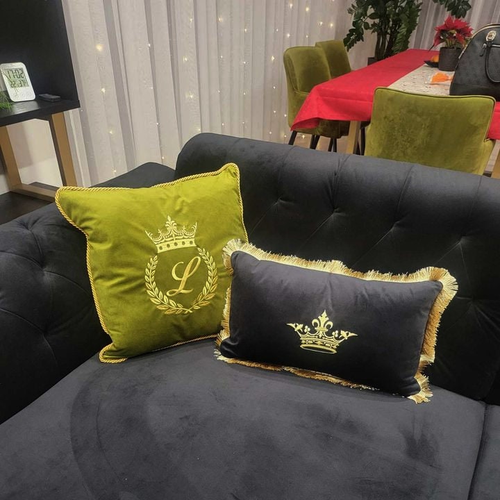 Embroidered Velvet Crown Cushion With Tassel Piping / Royal Cushion ...
