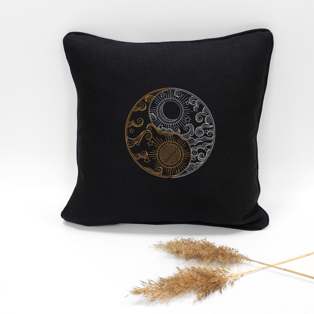 Black Linen Sun and Moon Yin Yang Embroidered Cushion / - Etsy