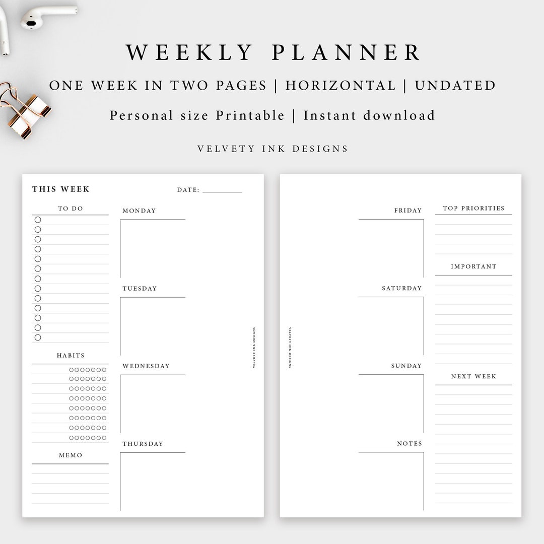 Weekly Planner, Week in Two Pages, Weekly Plan, Horizontal Style ...