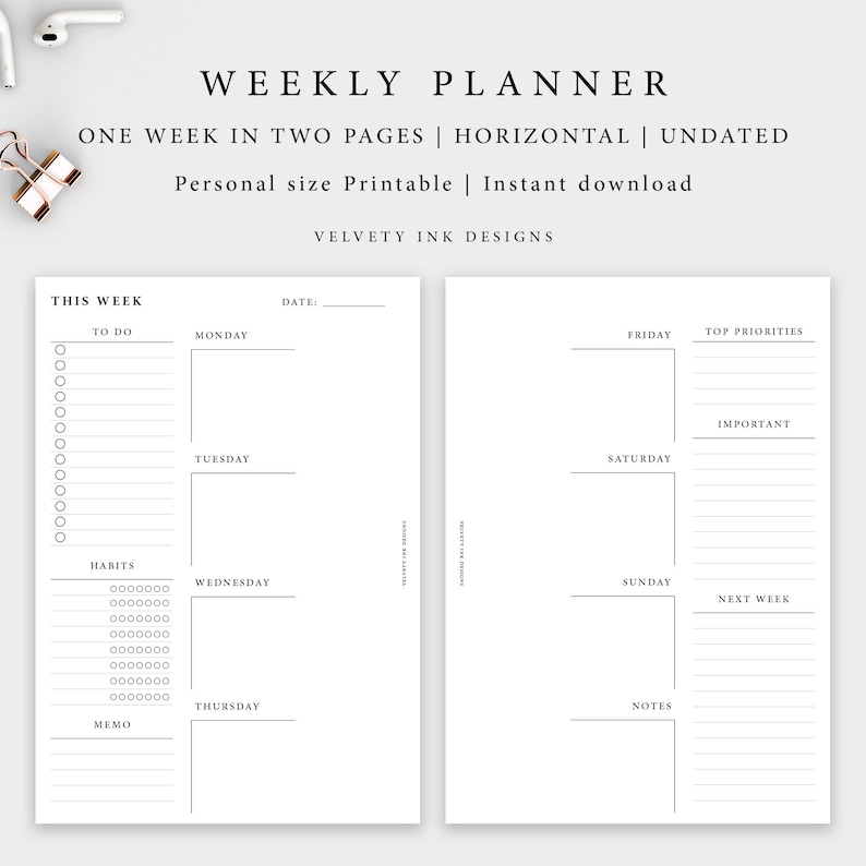 Weekly Planner, Week in Two Pages, Weekly Plan, Horizontal Style ...