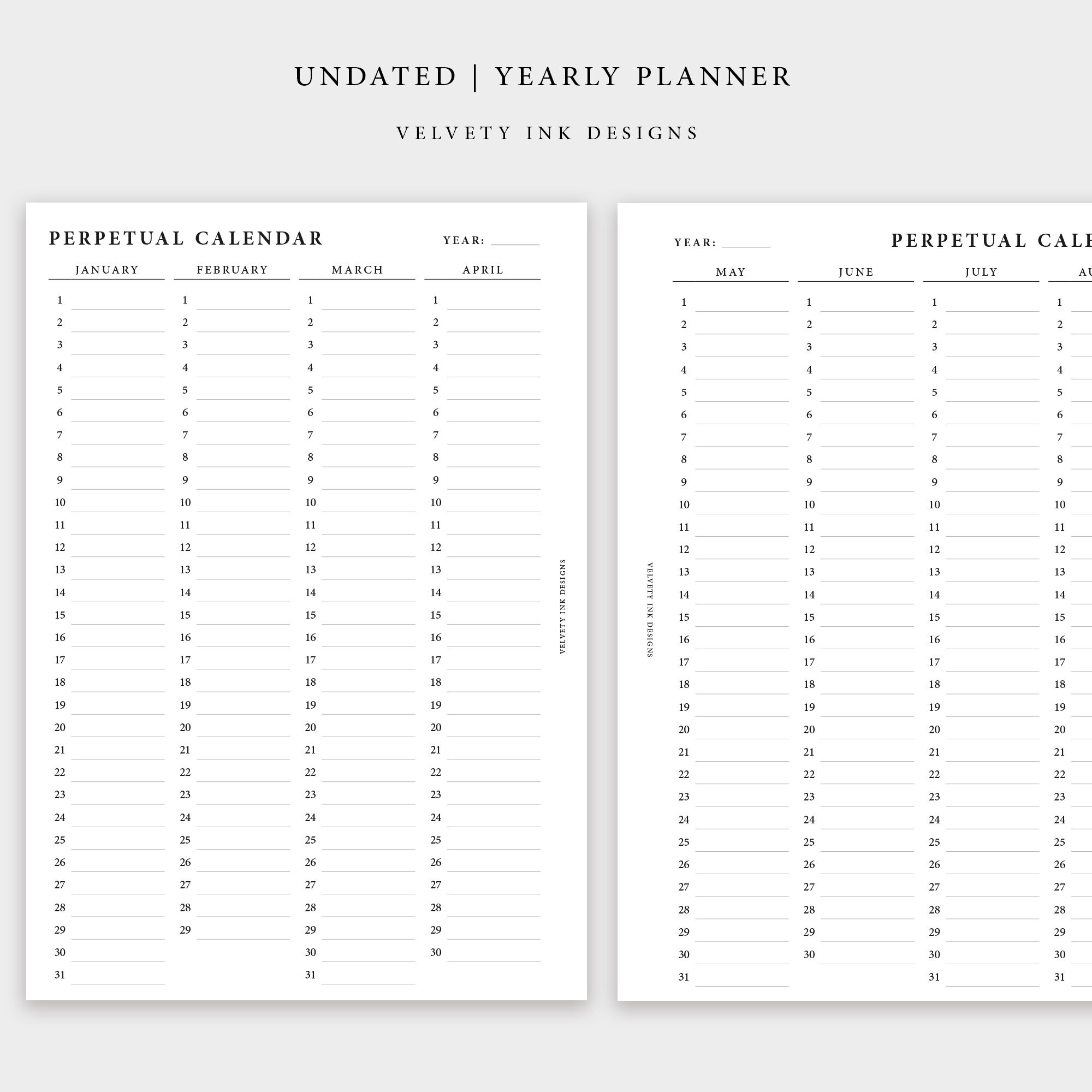 Perpetual calendar Personal size printable Yearly planner | Etsy