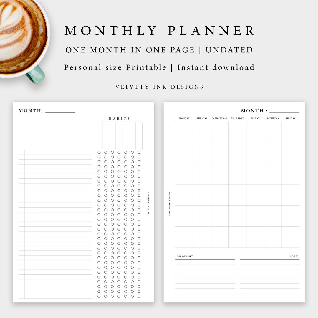 Monthly Planner in One Page, Monthly Printable Insert, Monthly ...