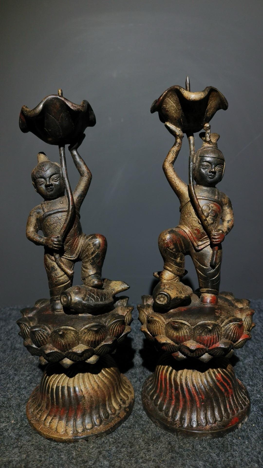 A Pair of Exquisite and Rare Pure Copper Mud Gold Lotus Seat Boy ...