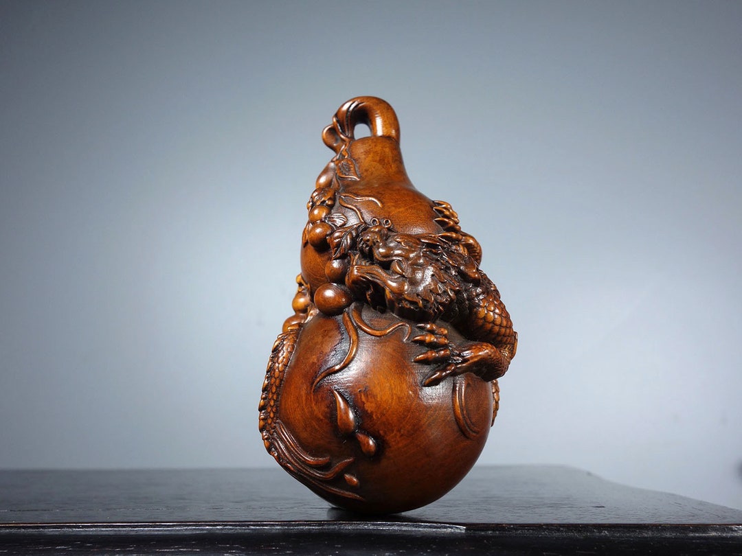 Exquisite Rare Dragon Gourd Statue Ornament Hand Carved Chinese Boxwood ...
