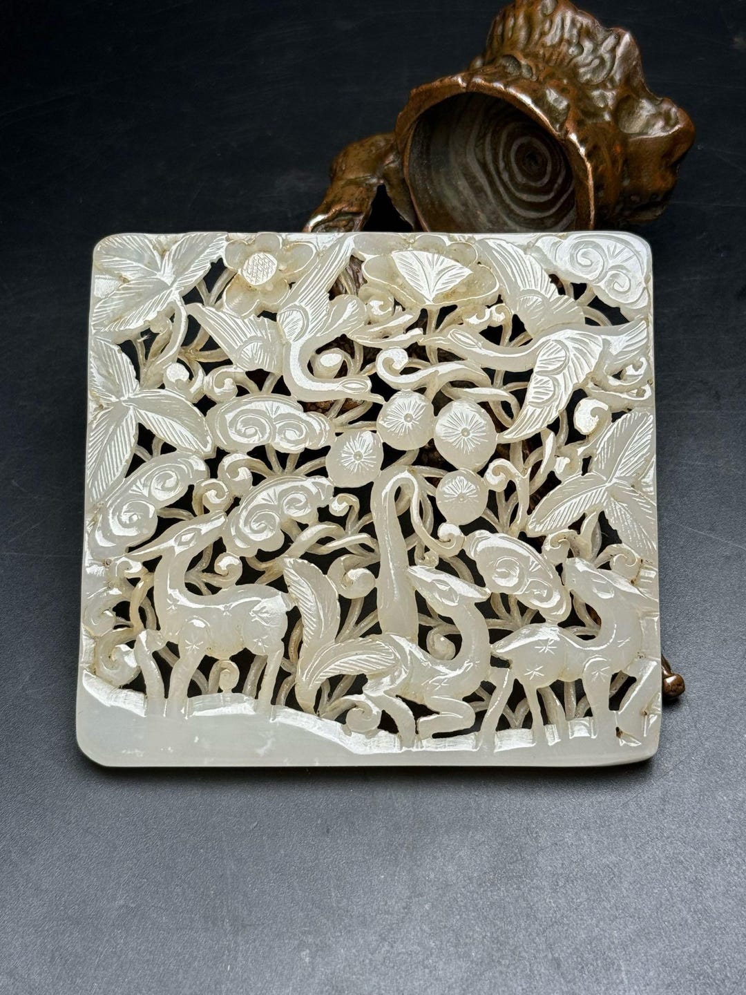 Chinese White Jade Pure Hand-carved Exquisite Rare Deer and Crane With ...