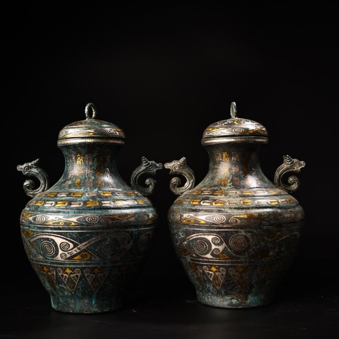 A Pair of Exquisite Rare Bronze Inlaid Gold and Silver Jar Statues Made ...